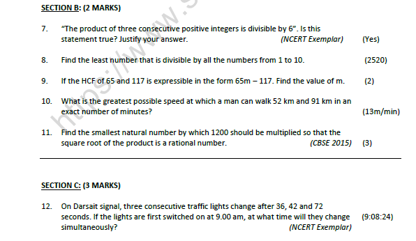 CBSE Class 10 Mathematics Real Numbers Worksheet Set B